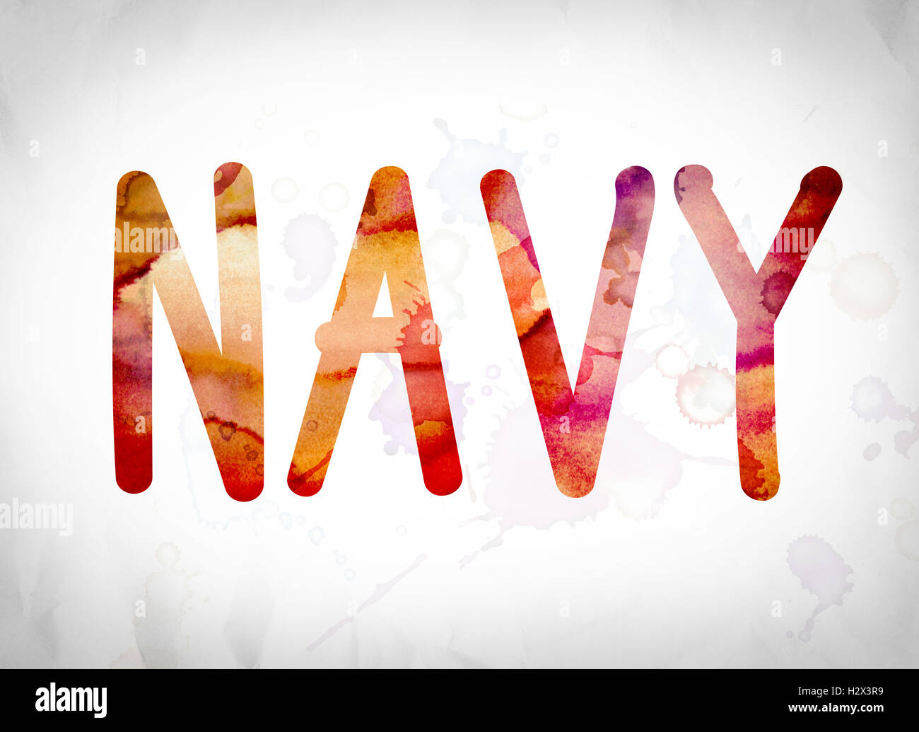 The word "Navy" written in watercolor washes over a white paper ...