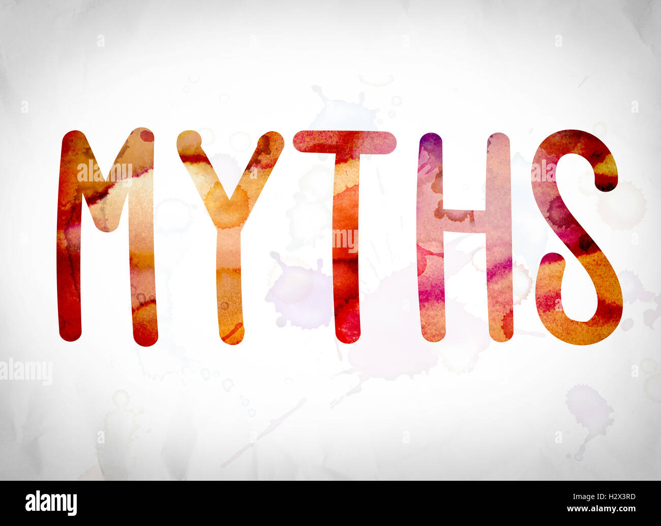 The word "Myths" written in watercolor washes over a white paper ...