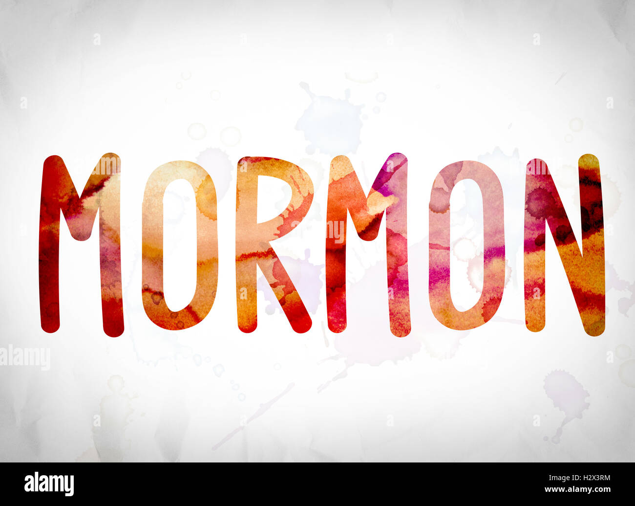 The word "Mormon" written in watercolor washes over a white paper ...