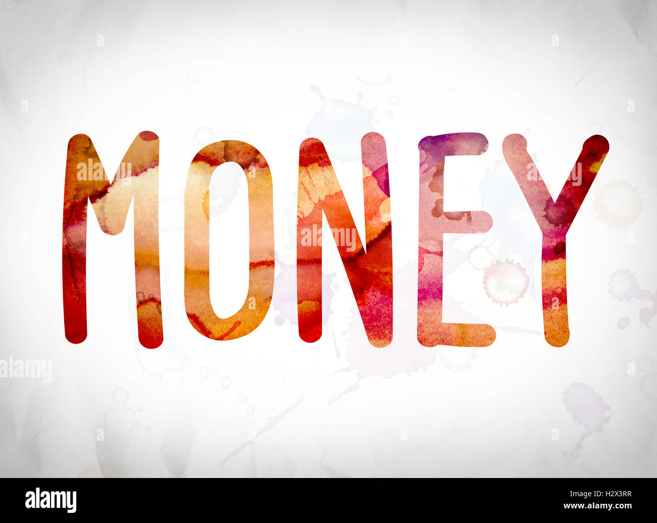 The word "Money" written in watercolor washes over a white paper ...
