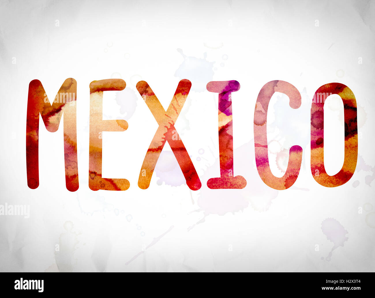 The word "Mexico" written in watercolor washes over a white paper ...