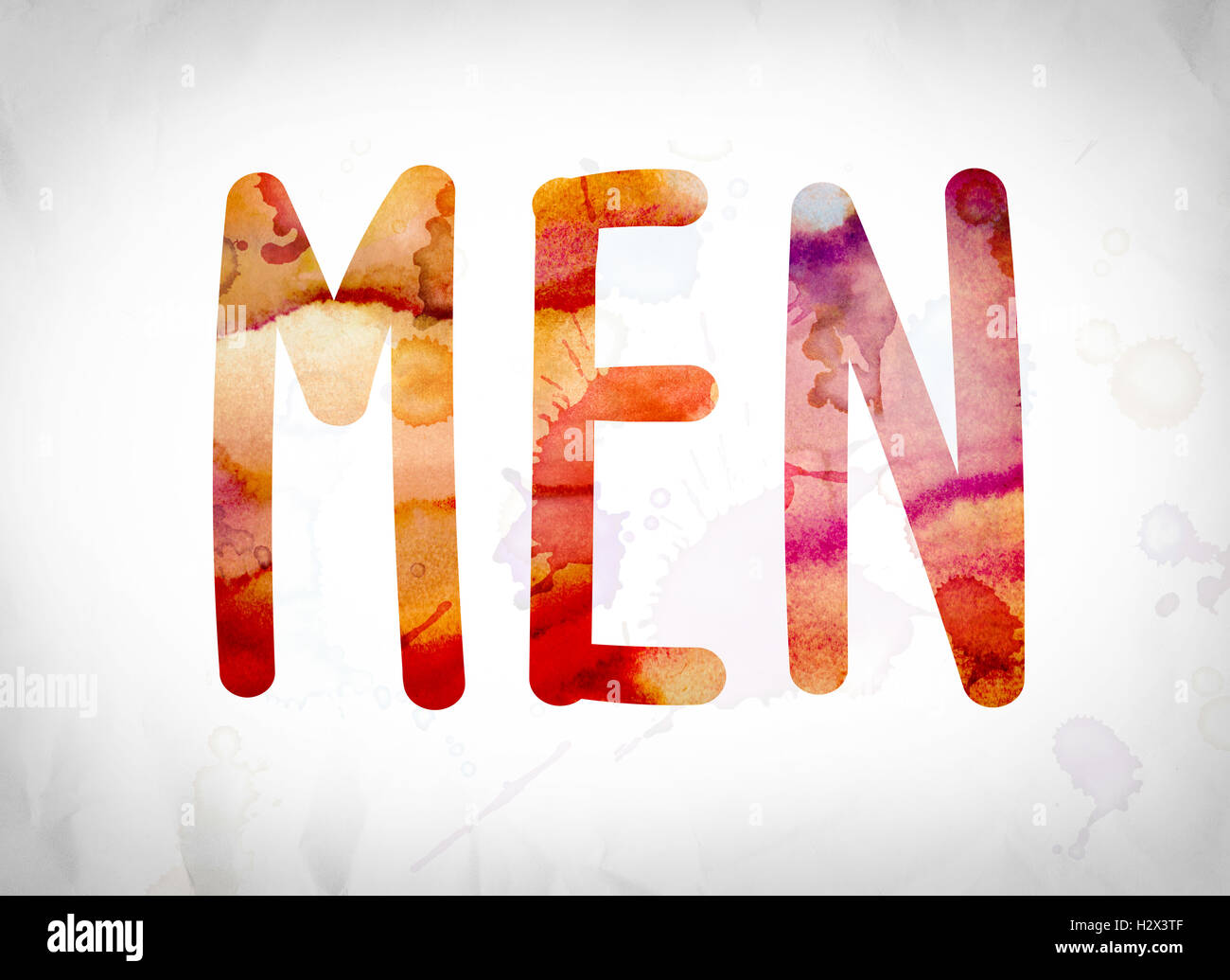 The word "Men" written in watercolor washes over a white paper ...