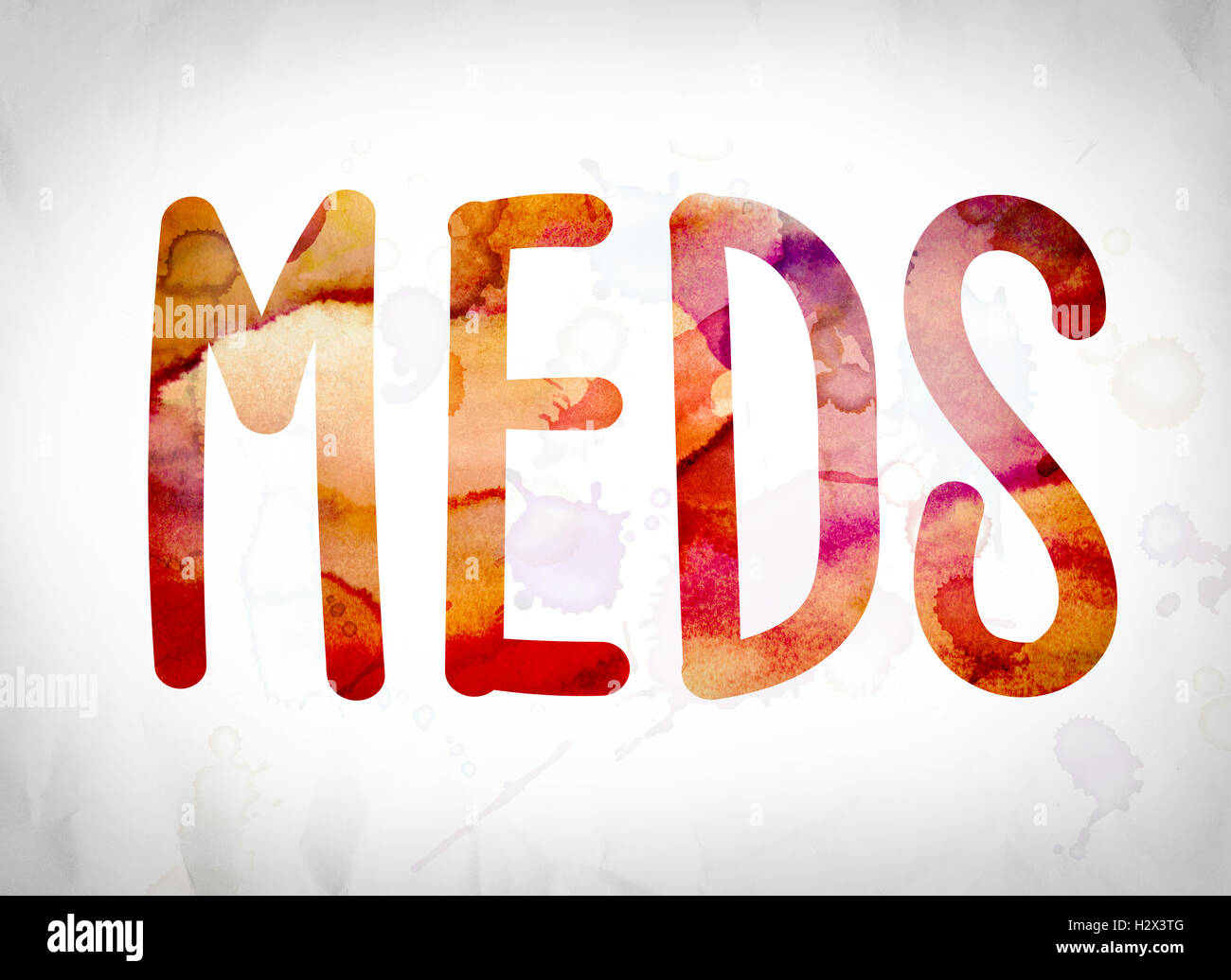 The word "Meds" written in watercolor washes over a white paper ...