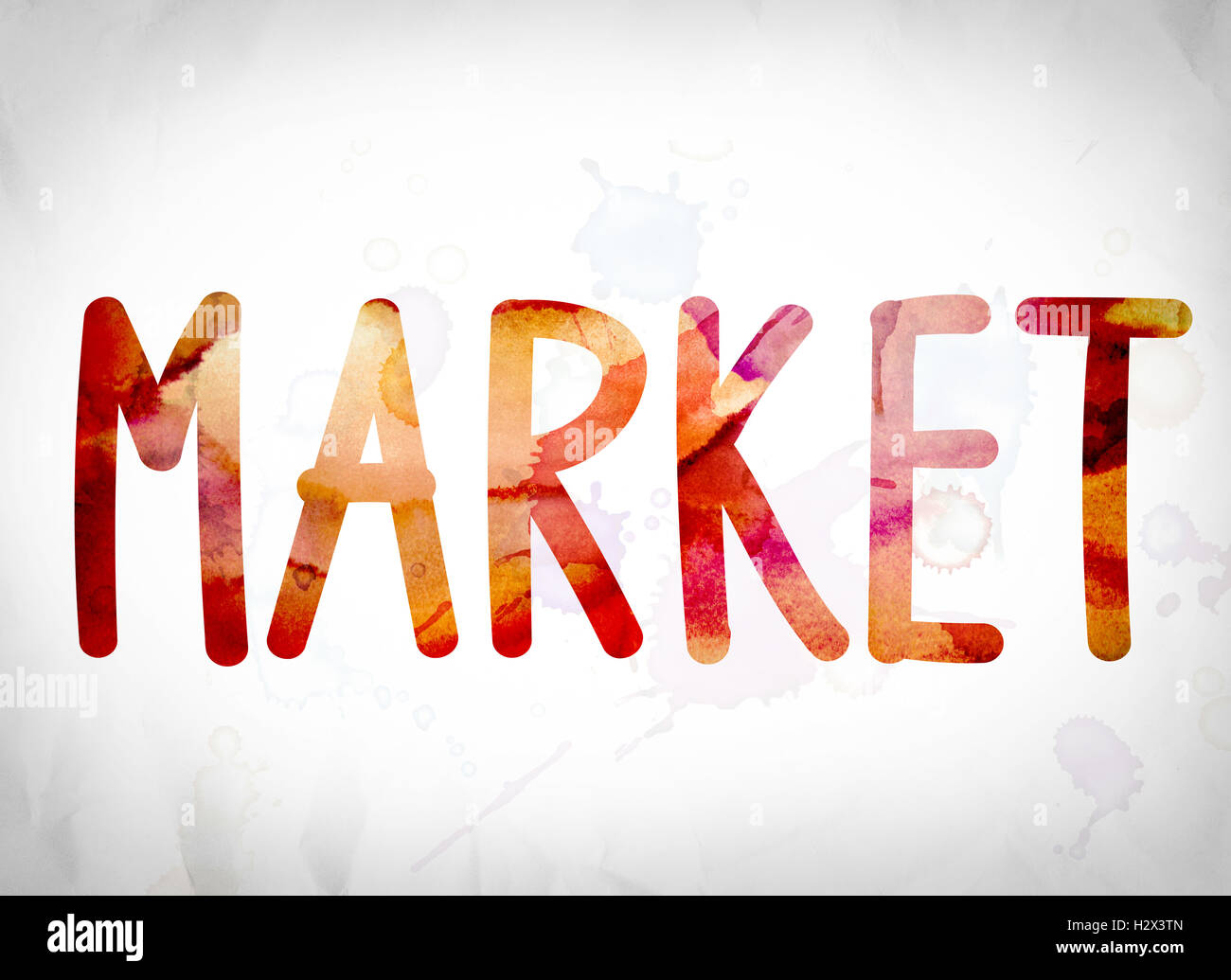 The word "Market" written in watercolor washes over a white paper ...