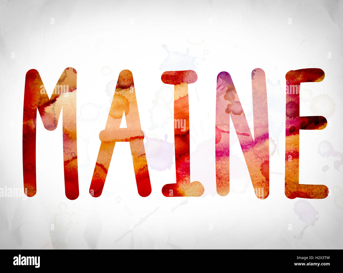 The word "Maine" written in watercolor washes over a white paper ...