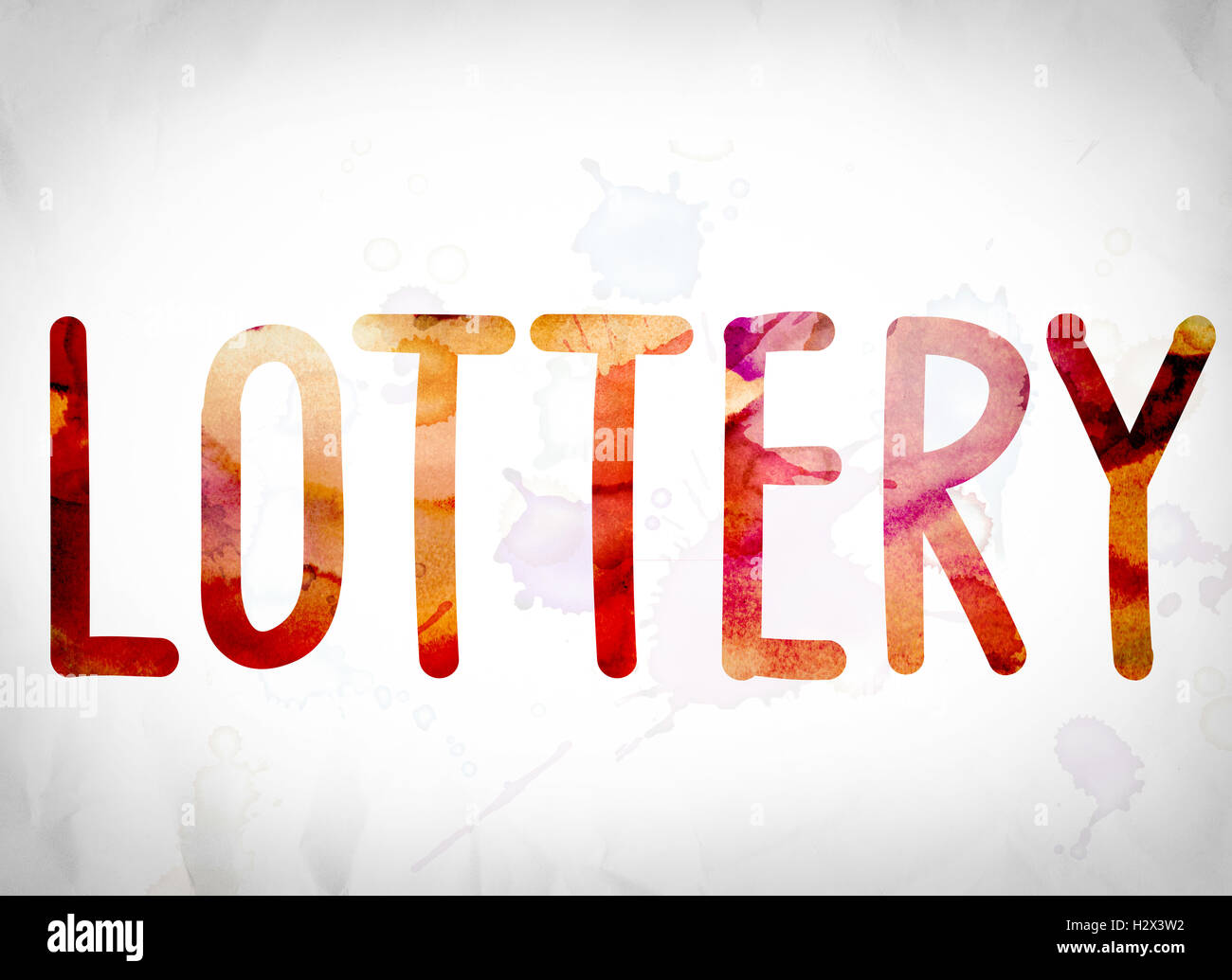 The word "Lottery" written in watercolor washes over a white paper ...