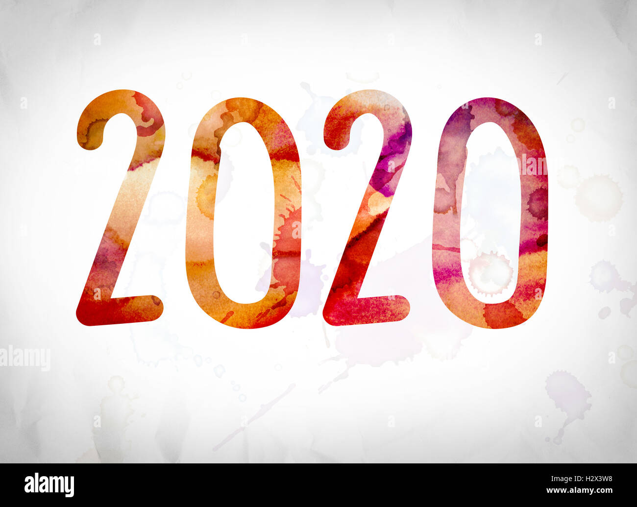The word "2020" written in watercolor washes over a white paper ...