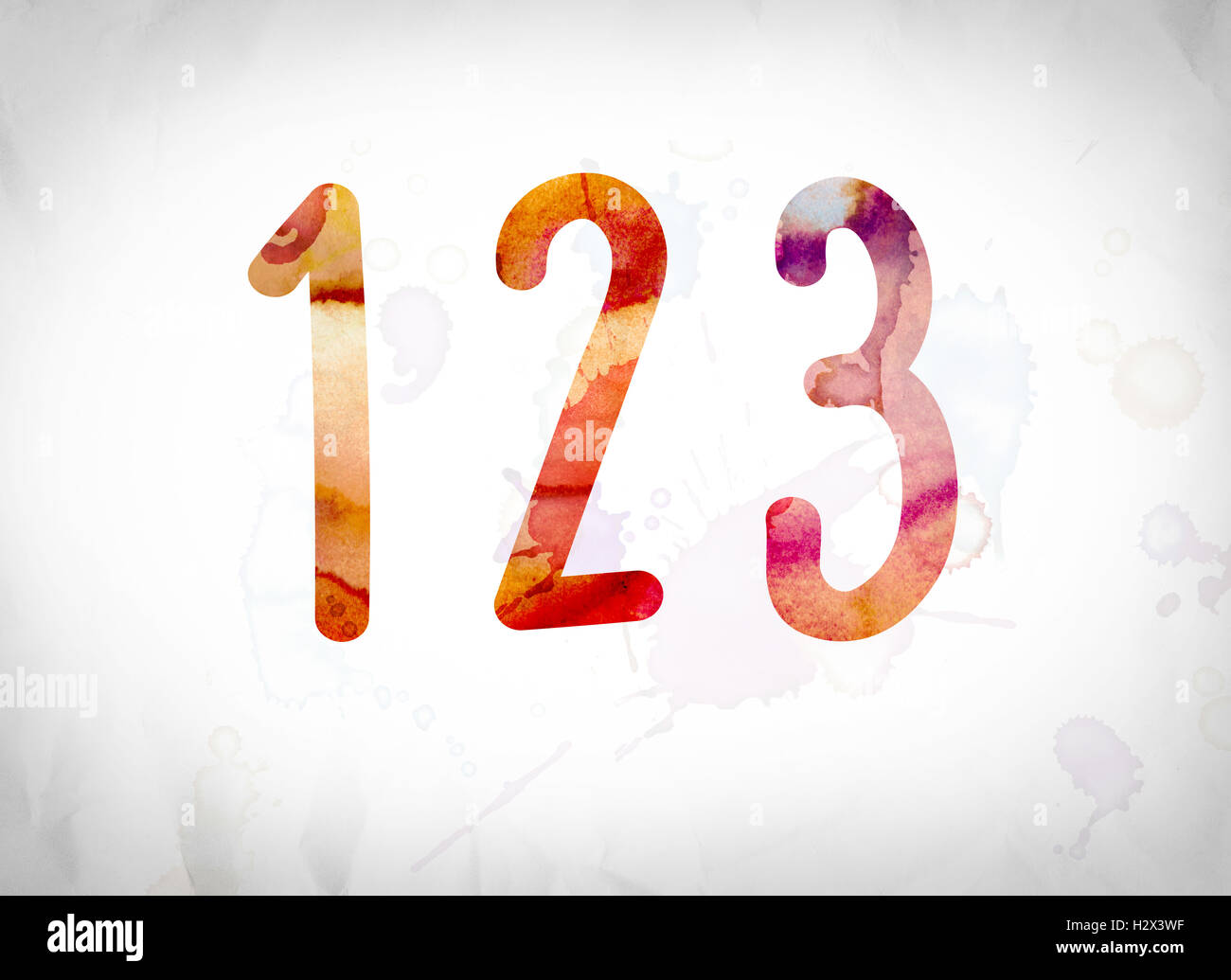 The word "123" written in watercolor washes over a white paper ...