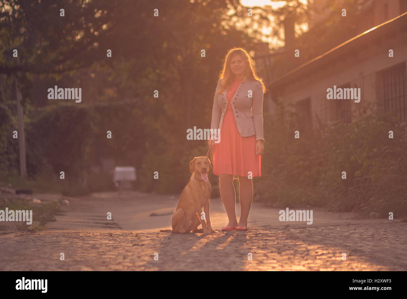 Young adult overweight woman standing, posing dog sitting, sunny day ...