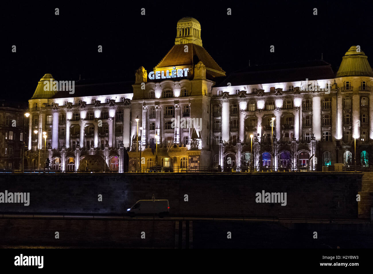 Budapest - February 20, 2016: Gellert Hotel Palace night facade . The ...