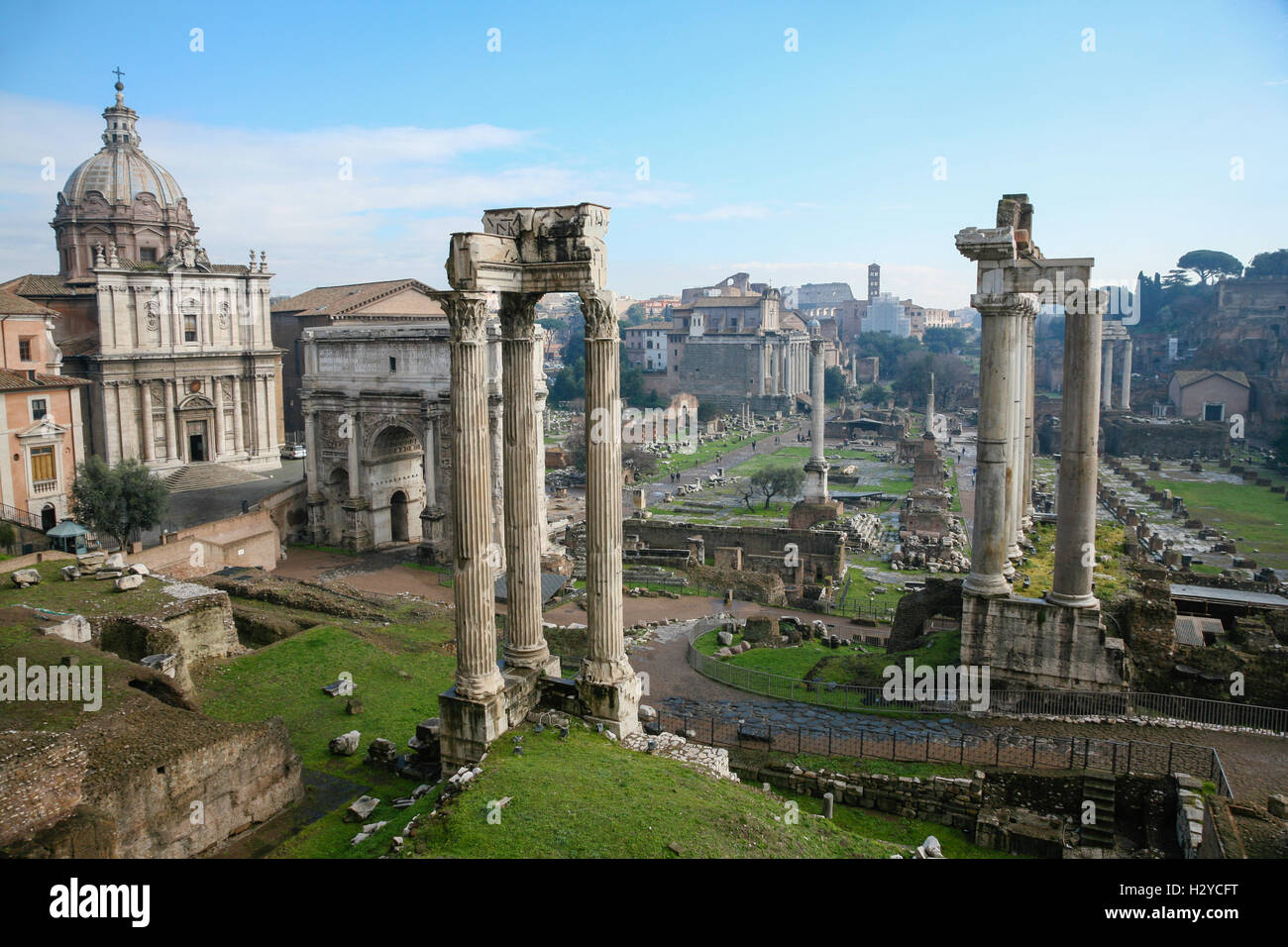 landscape of ancient Roman Forum ruins, with Septimius Severus Arch and ...