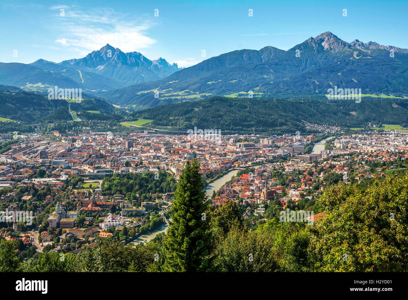 Inn Valley with Innsbruck city, Austria, view from above Stock Photo ...