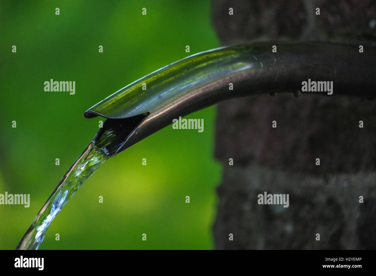 Close up of running water from a tap on brick wall on green background ...