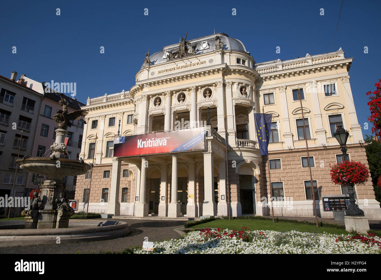 The opera house with Gannymede's water fountain in front in Bratislava ...