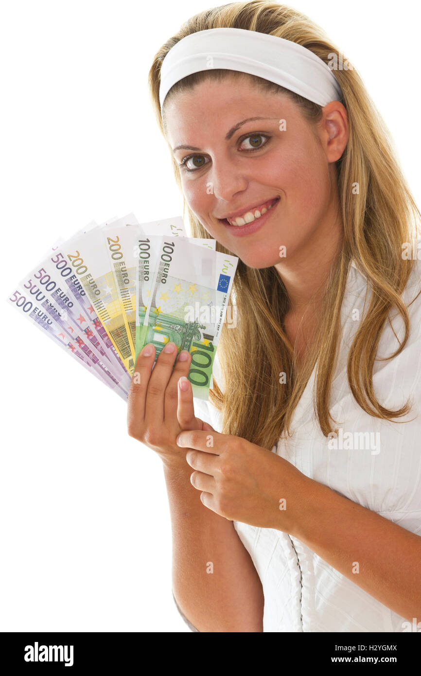 Young woman holding euro banknotes Stock Photo - Alamy