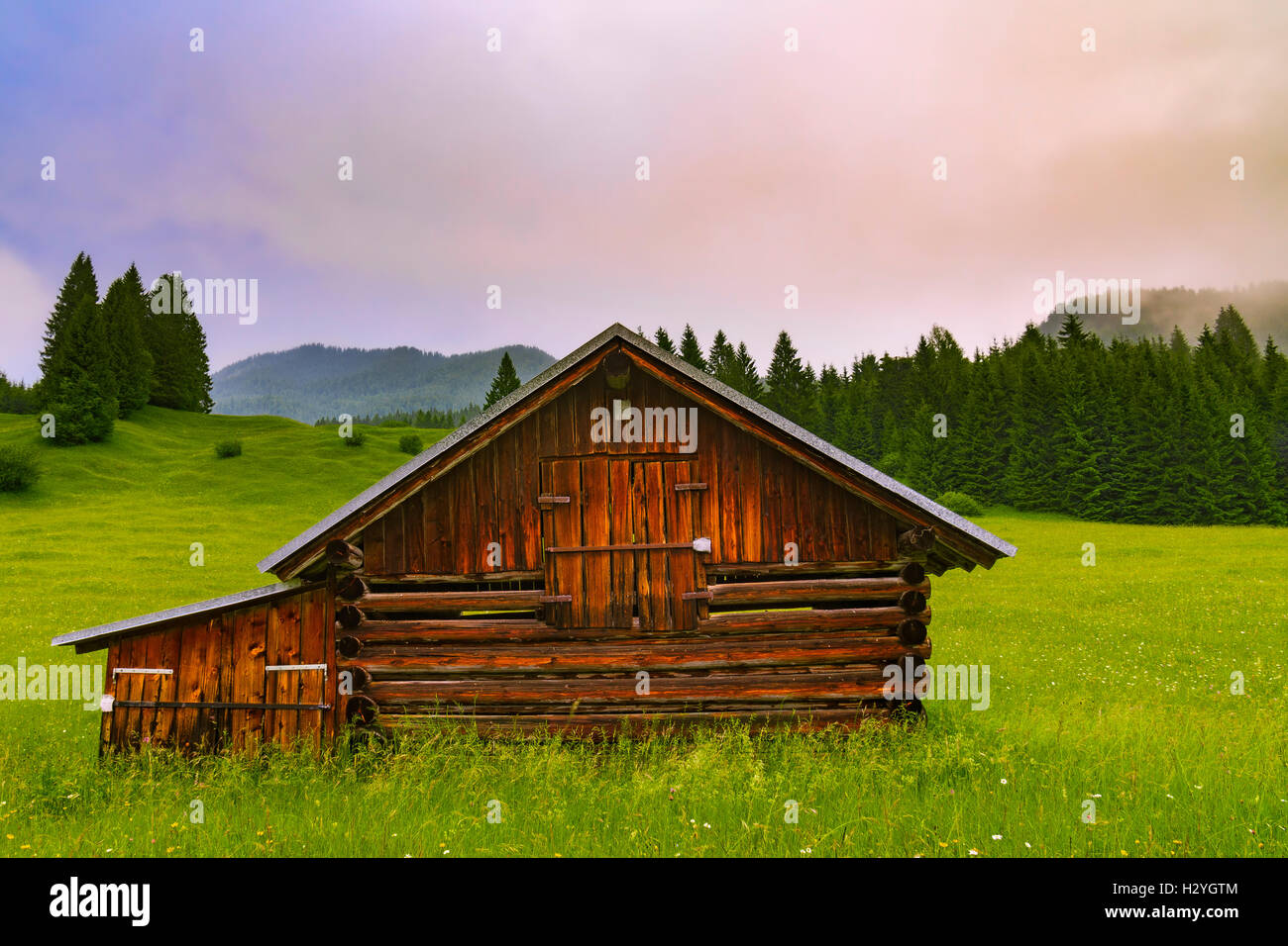 Alpine meadow with cottage, Garmisch-Partenkirchen, Bavaria, Upper ...