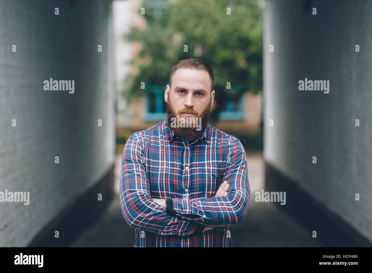 handsome man with a beard in a flannel shirt standing on the street ...