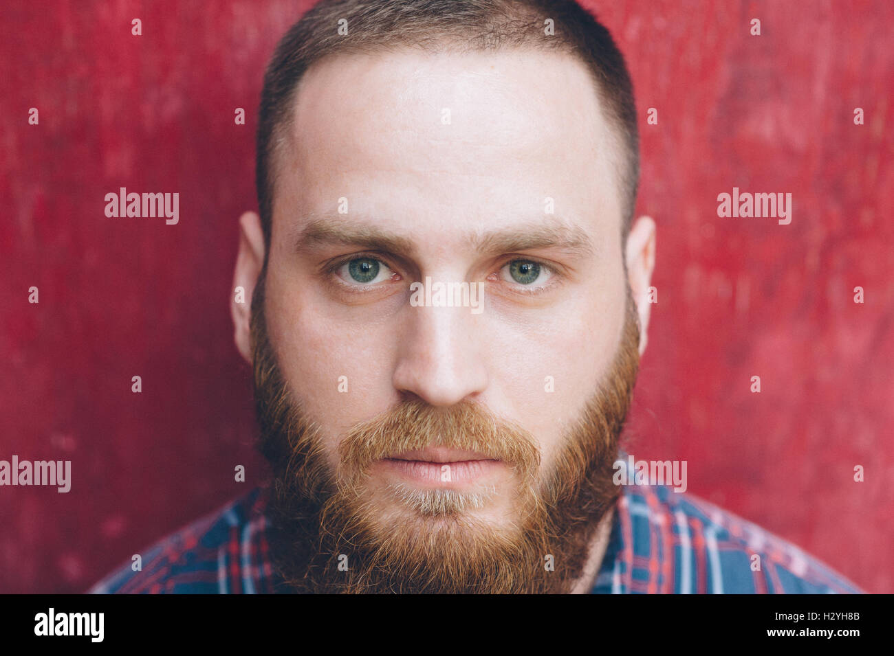 bearded young man on a background of red wall Stock Photo - Alamy