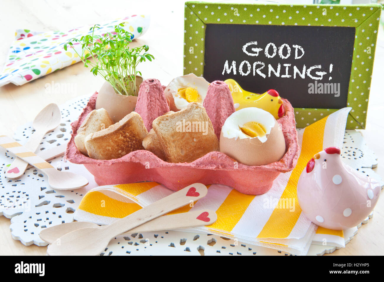 Boiled eggs with salt and pepper shakers Stock Photo - Alamy
