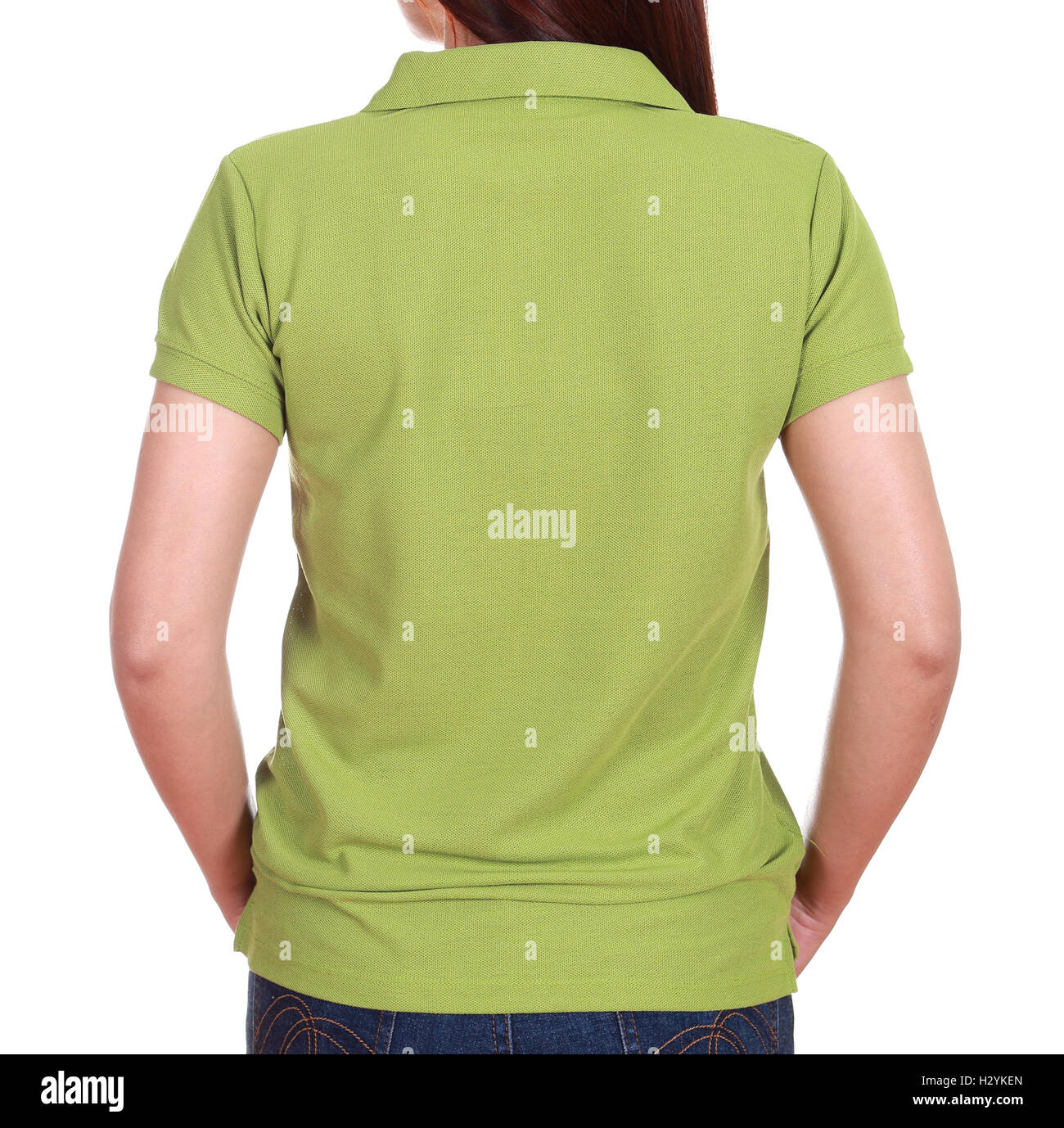 close-up female with blank green polo shirt (back side Stock Photo - Alamy