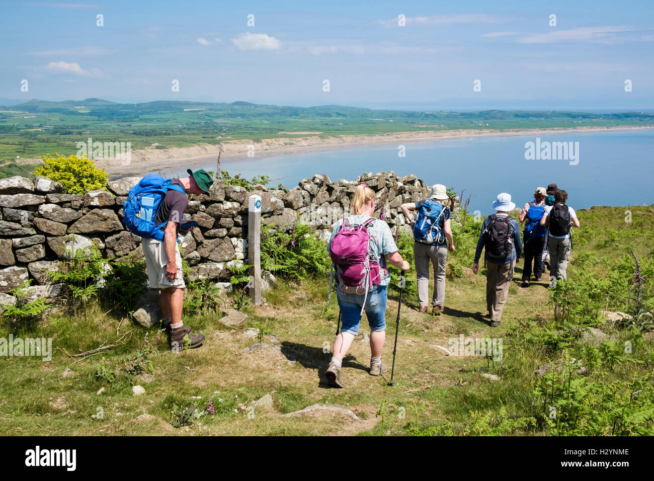 Group of Ramblers hiking on Wales Coast Path towards Porth Neigwl or ...