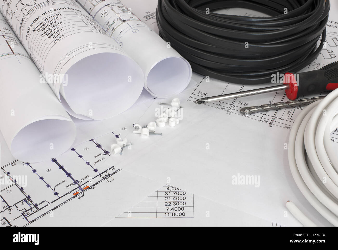 Electrical cable on the construction drawings Stock Photo - Alamy