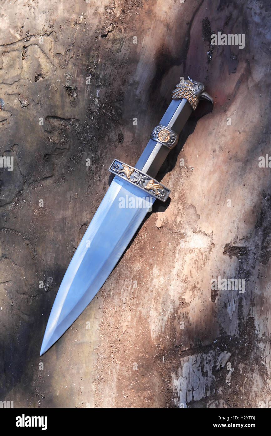 Dagger On Wood Stock Photo - Alamy