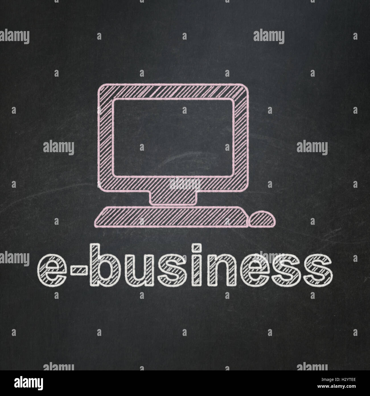 Business concept: Computer Pc and E-business on chalkboard background ...