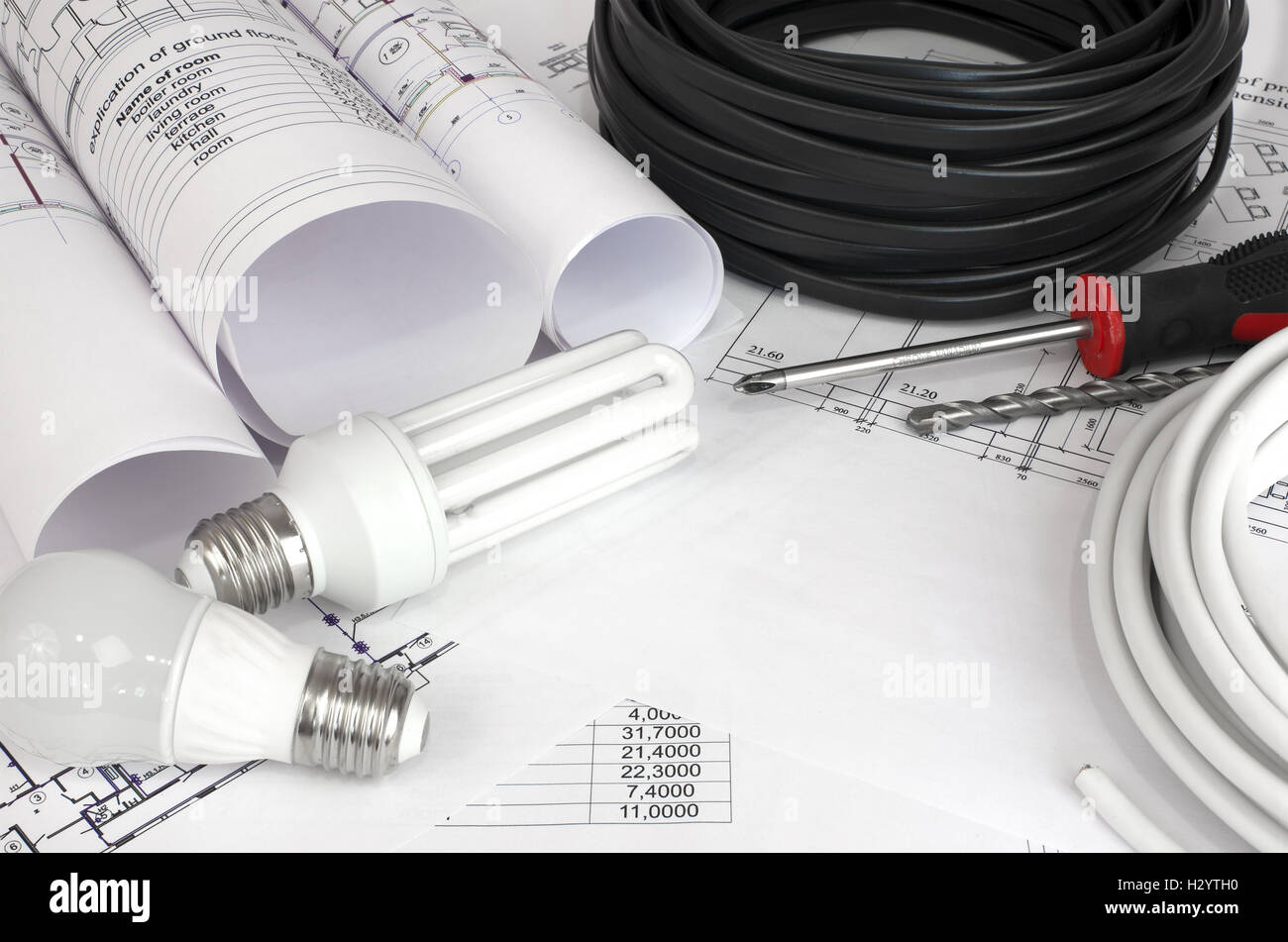 Electrical cable and bulbs on the drawings Stock Photo - Alamy