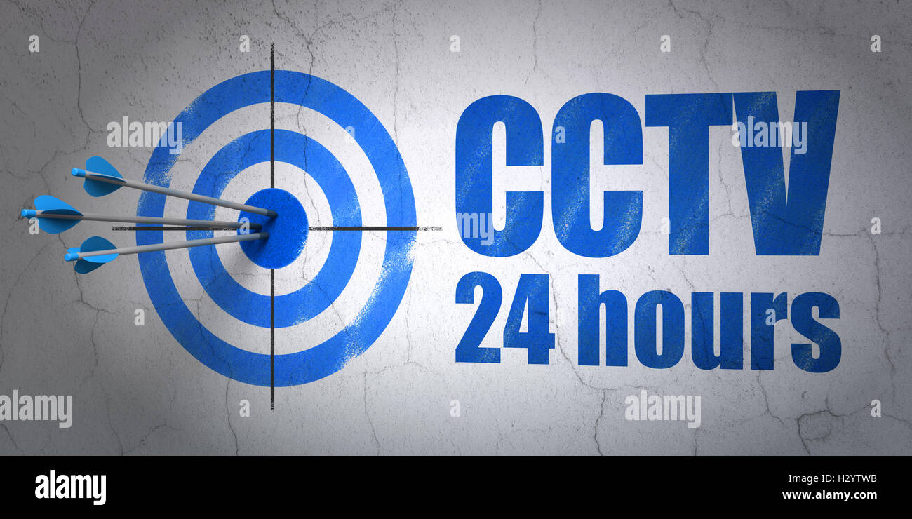 Security concept: target and CCTV 24 hours on wall background Stock ...