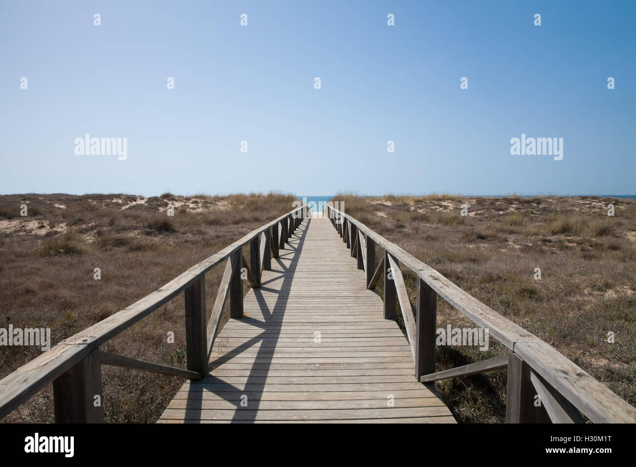 wooden walkway or path with hand rail with green blue turquoise water ...