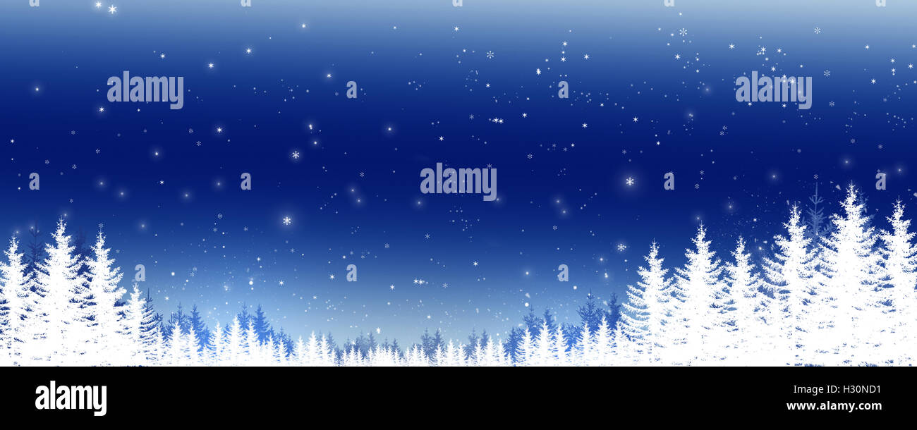 winter magic background with snow trees and blurry lights Stock Photo ...