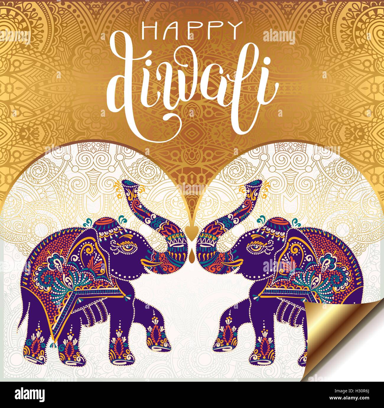 Happy Diwali gold greeting card with hand written inscription an Stock ...
