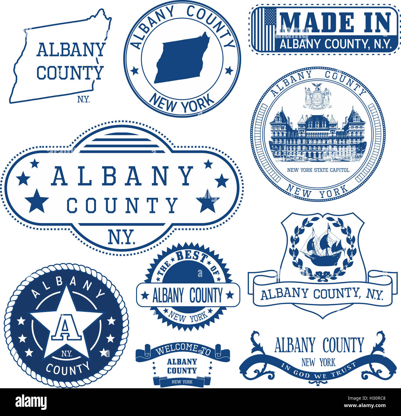 Set of generic stamps and signs of Albany county, New York state Stock ...