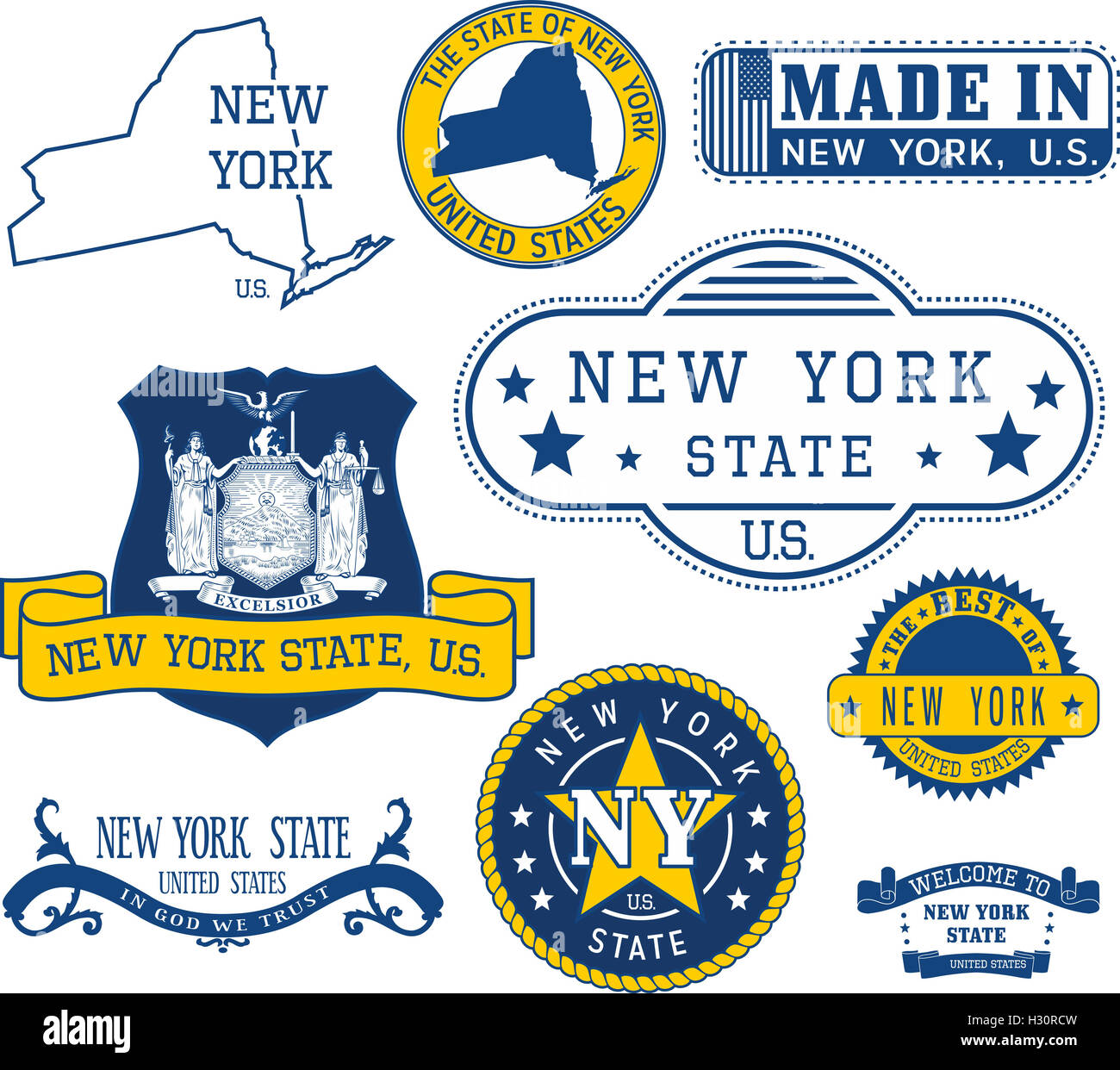Set of generic stamps and signs of New York State Stock Photo - Alamy
