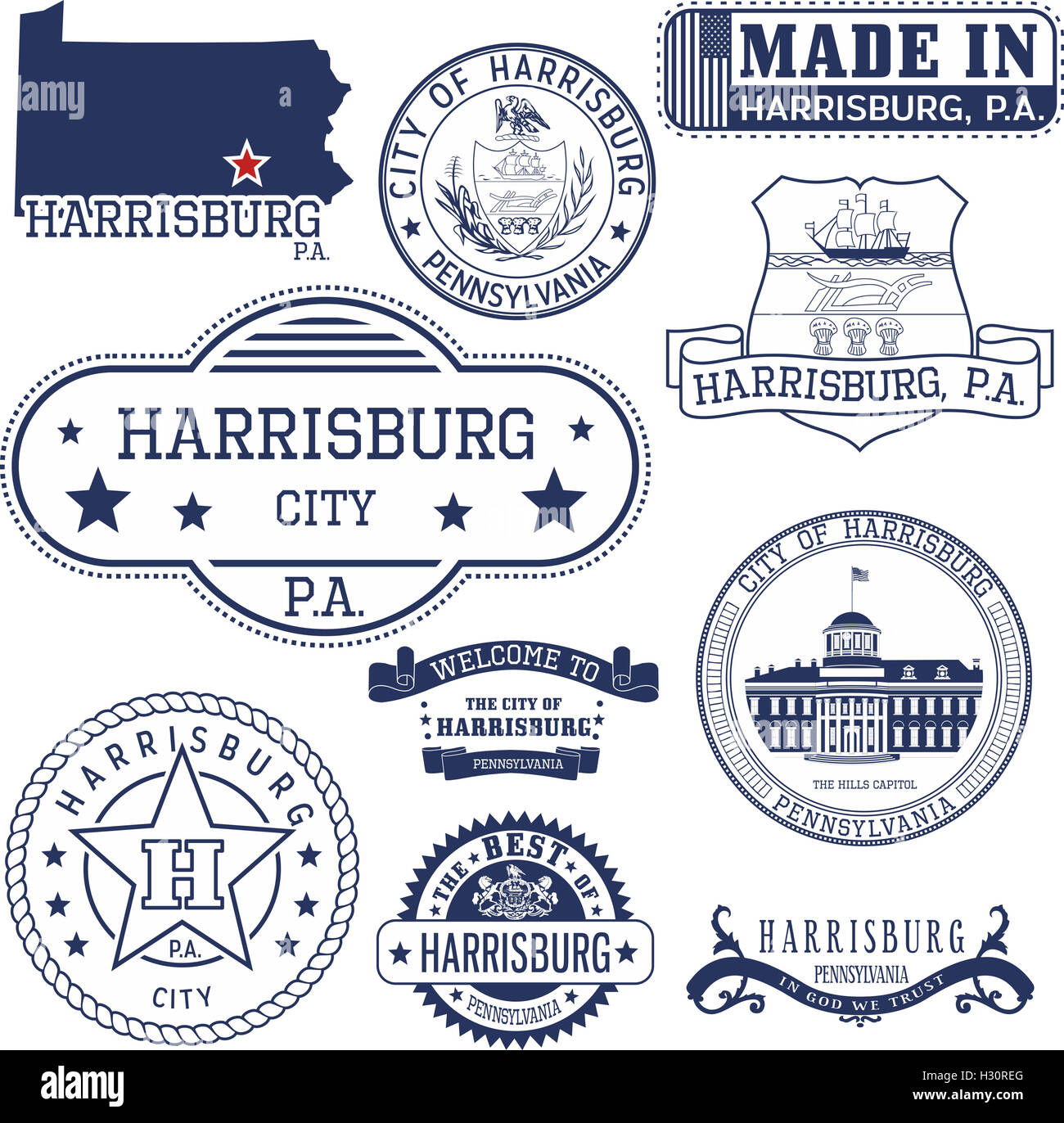 Set of generic stamps and signs of Harrisburg city, Pennsylvania Stock ...