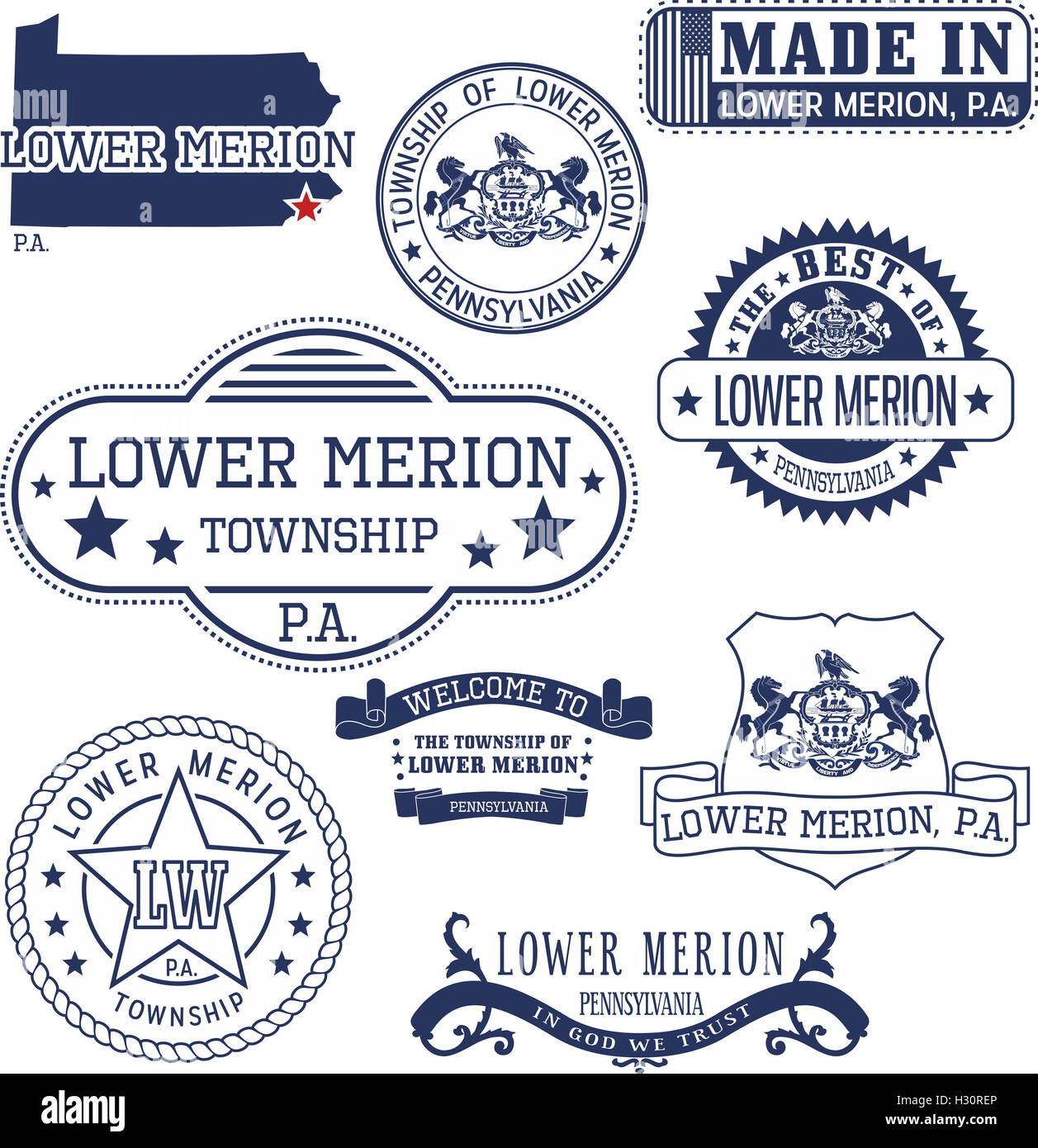 Set of generic stamps and signs of Lower Merion township, Pennsylvania ...