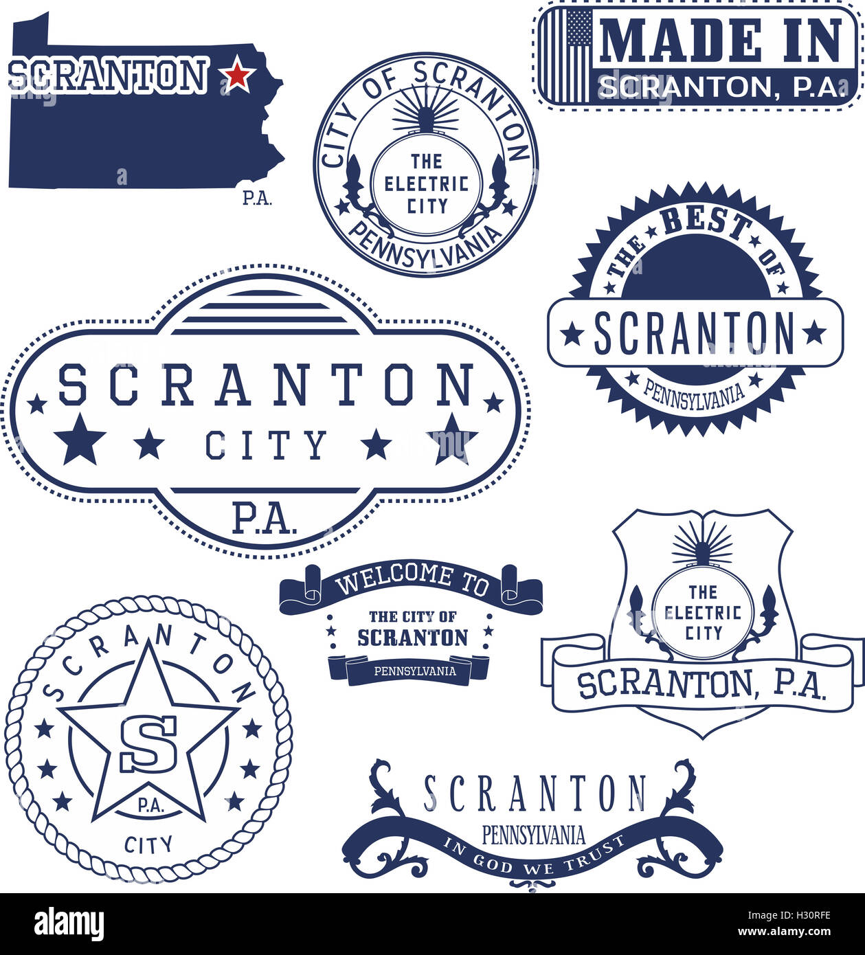 Set of generic stamps and signs of Scranton city, Pennsylvania Stock ...