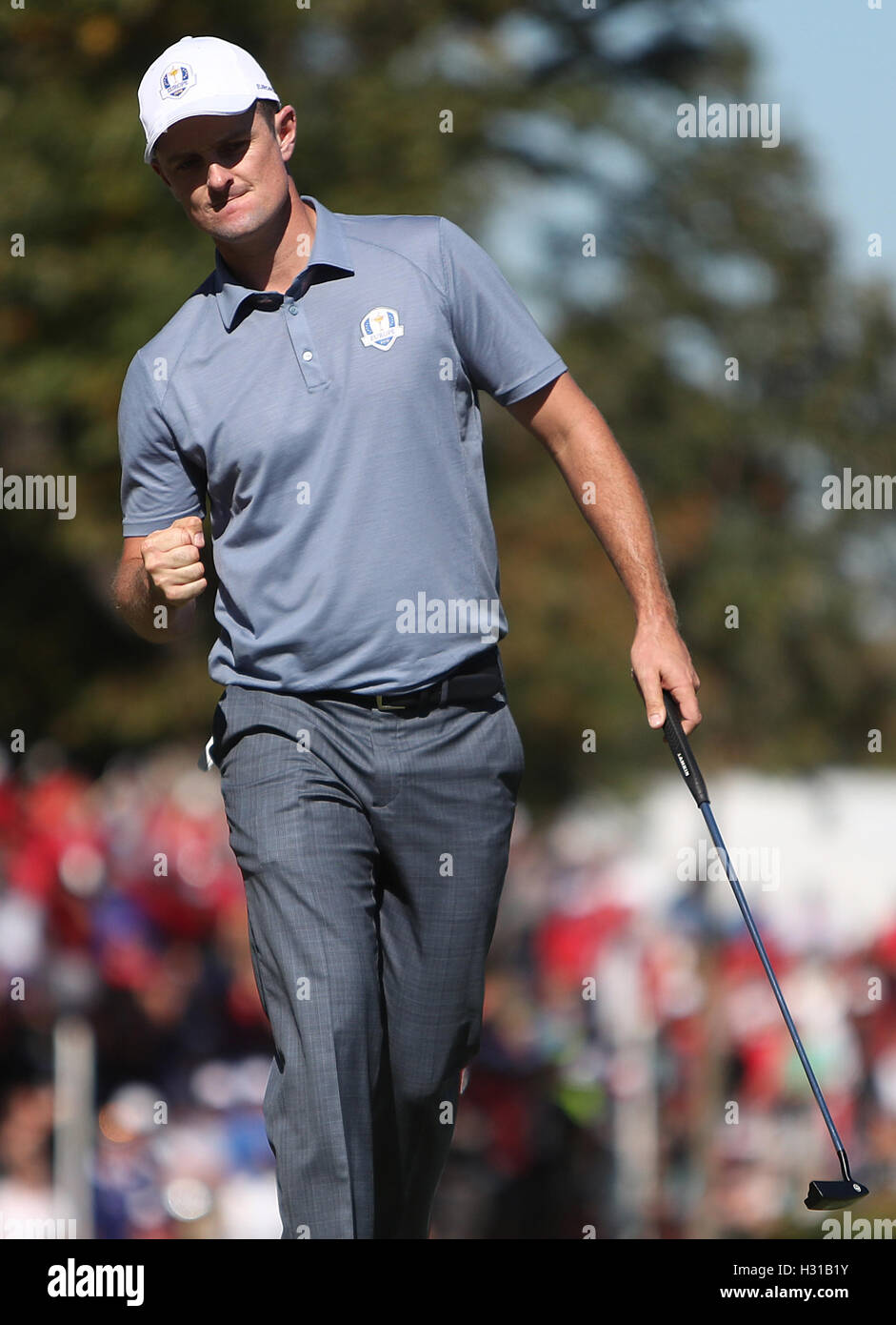 Europe's Justin Rose celebrates his putt on the 8th to win the hole ...