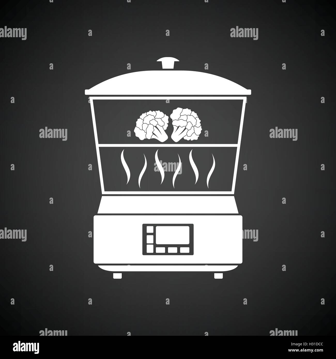 Kitchen steam cooker icon. Black background with white. Vector ...