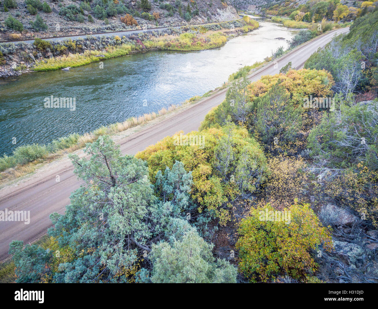 aerial view of upper Colorado River at Burns, Colorado in fall colors ...