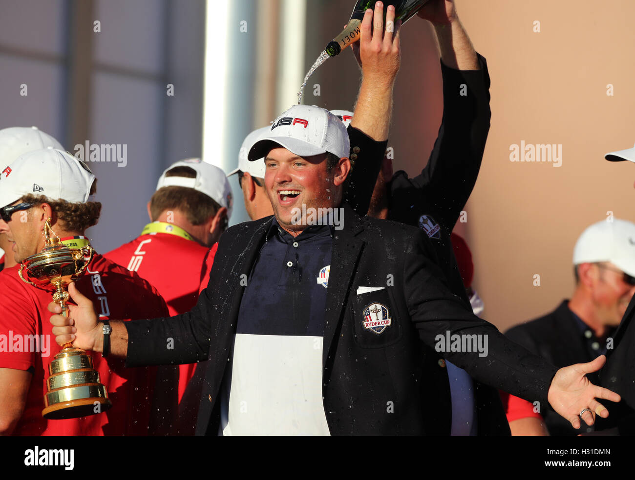 USA's Patrick Reed celebrates with the Ryder Cup after the USA won, on ...