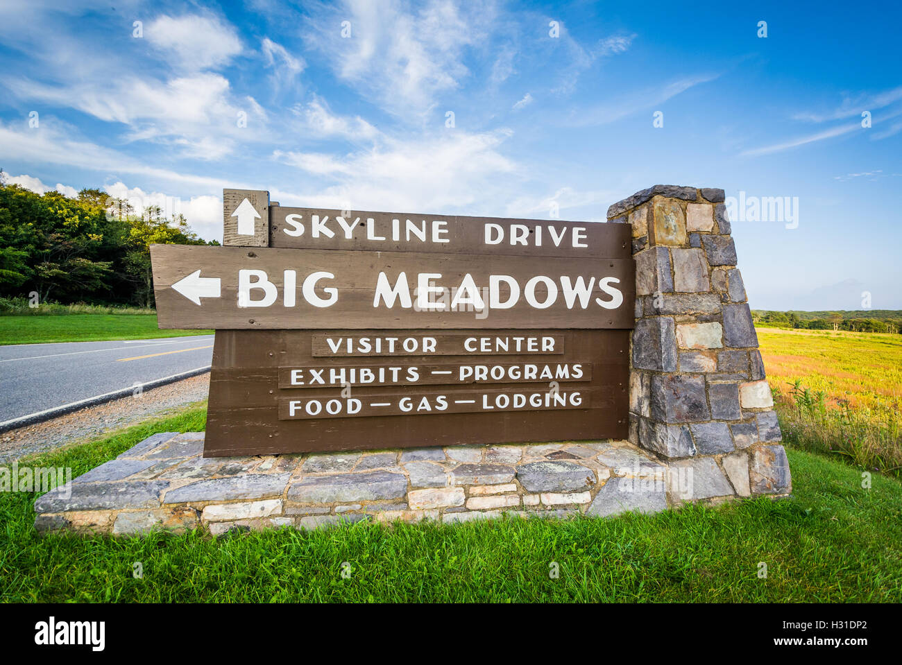 Sign for Big Meadows, along Skyline Drive, in Shenandoah National Park ...