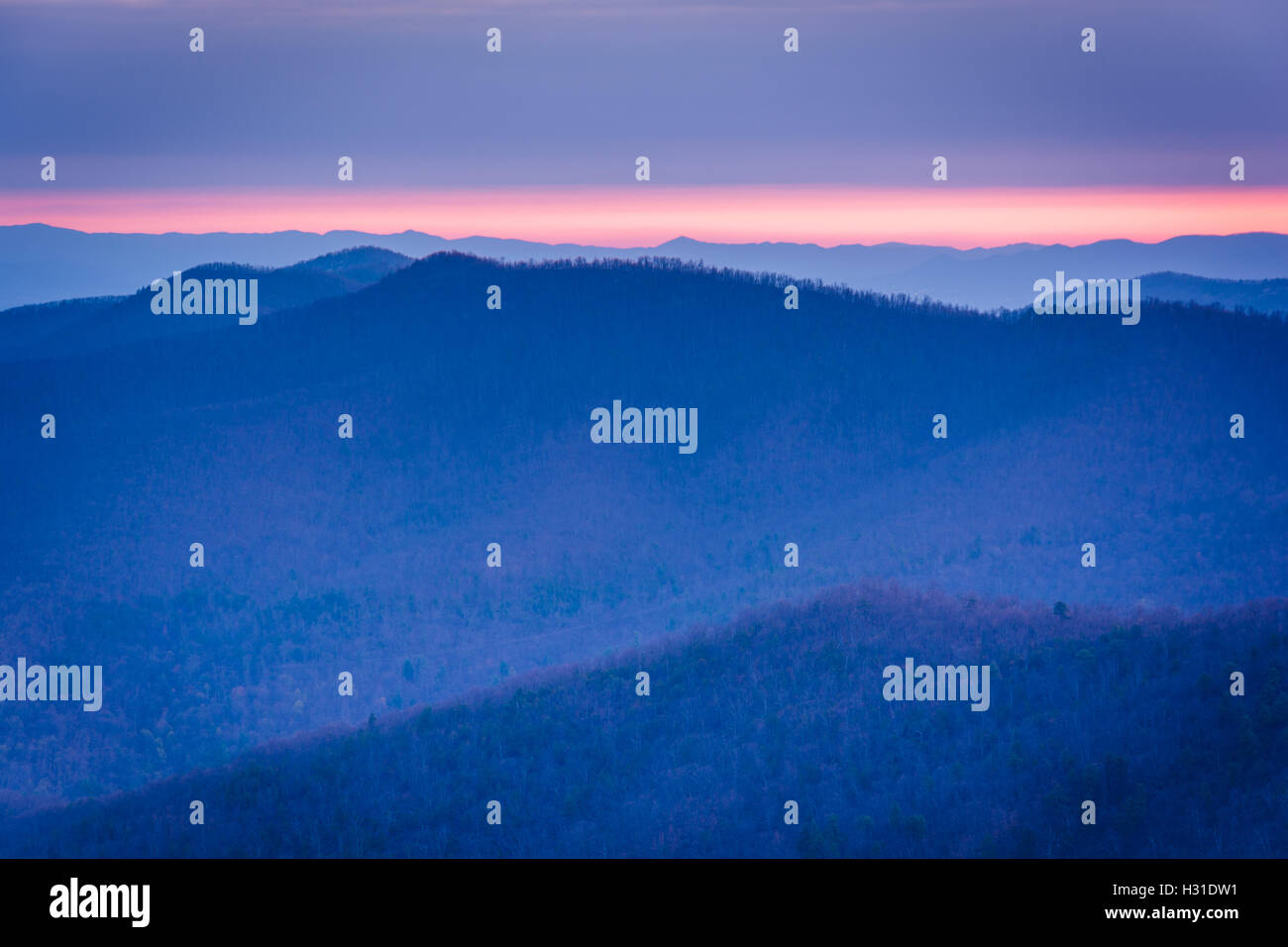Sunrise view of layers of the Blue Ridge from Blackrock Summit, in ...