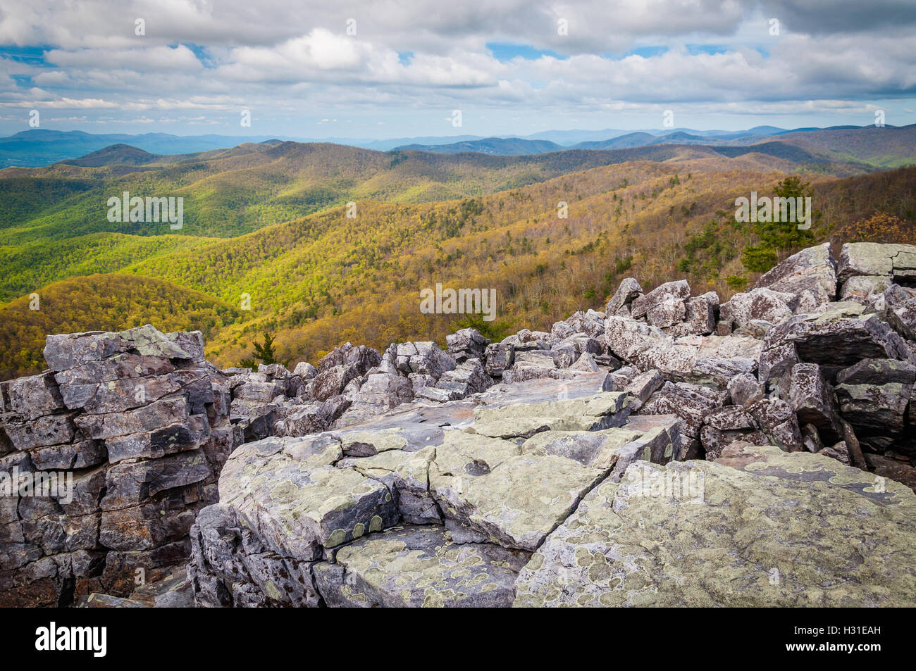 View of spring color in the Blue Ridge Mountains from the rocky summit ...