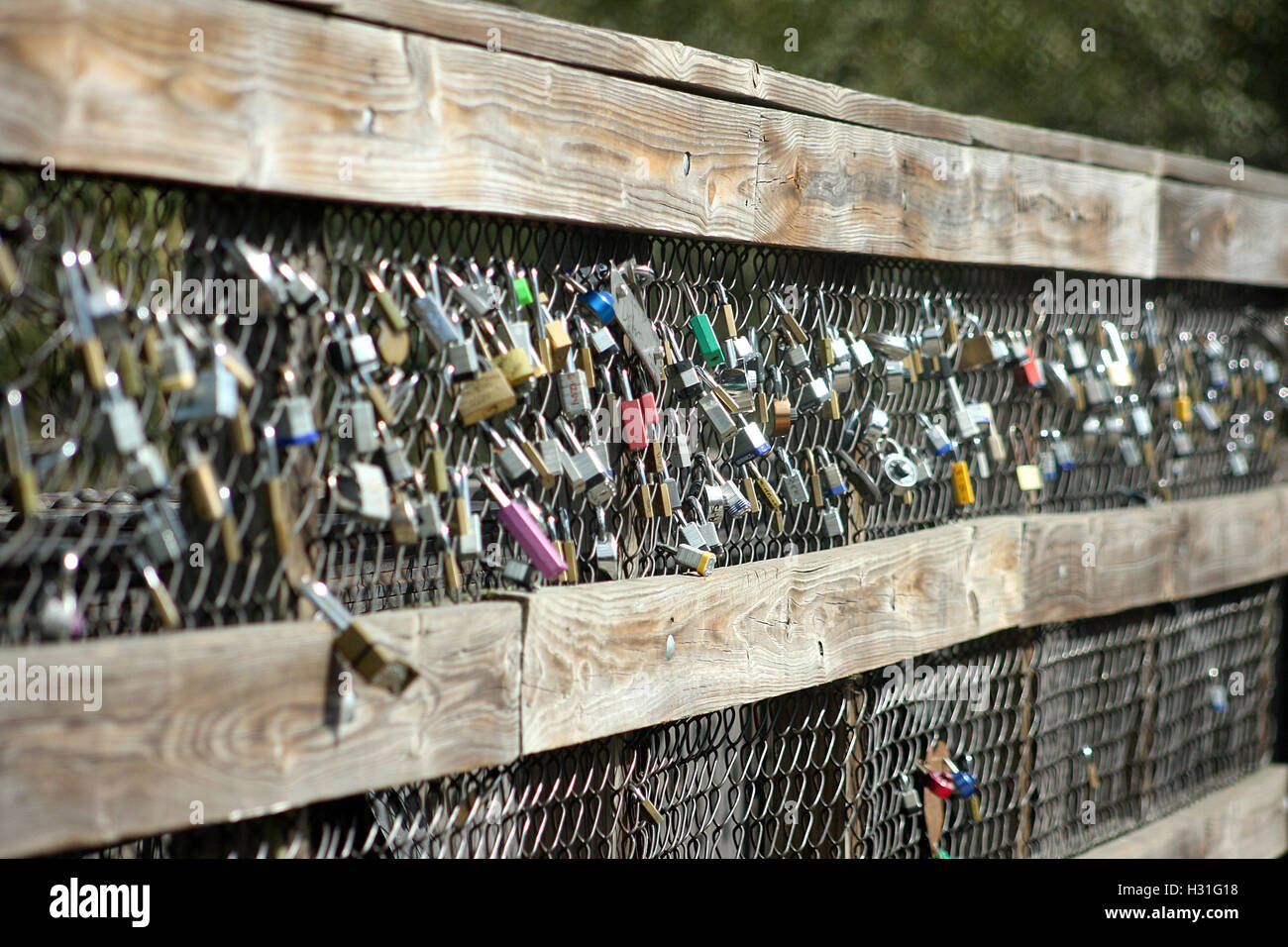 Locks hanged by people on the bridge over James River on Lynchburg ...