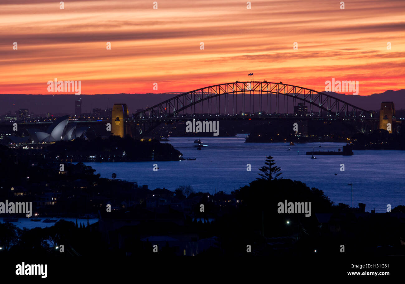 Sydney Harbour Bridge, Opera House and HArbour at sunset night from ...