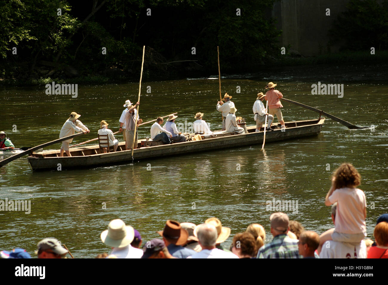 Replica of an 18th & early 19th century cargo boat, called a batteau, floating at the James ...