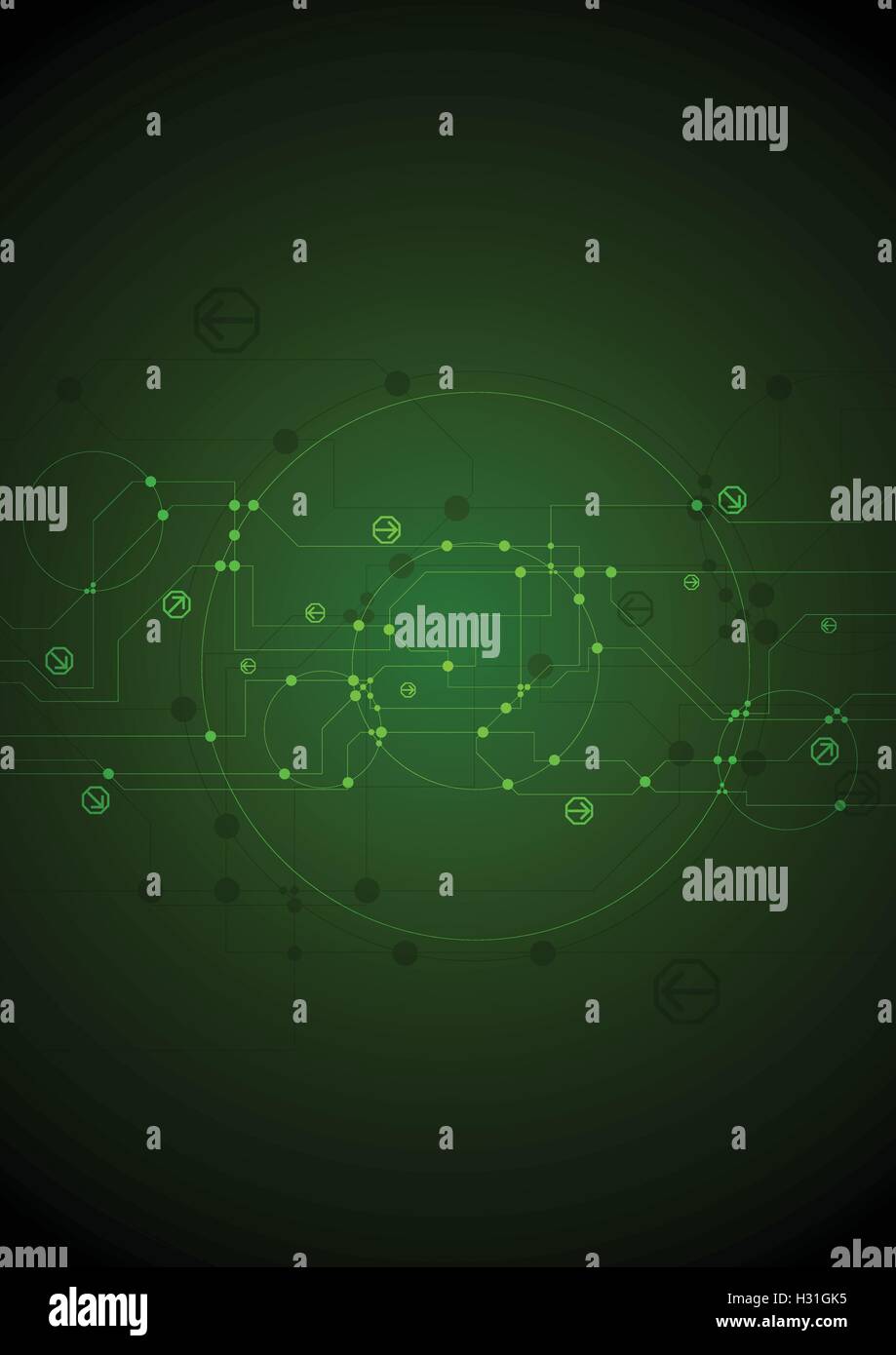 Dark green tech circuit board background with arrows. Vector technology ...