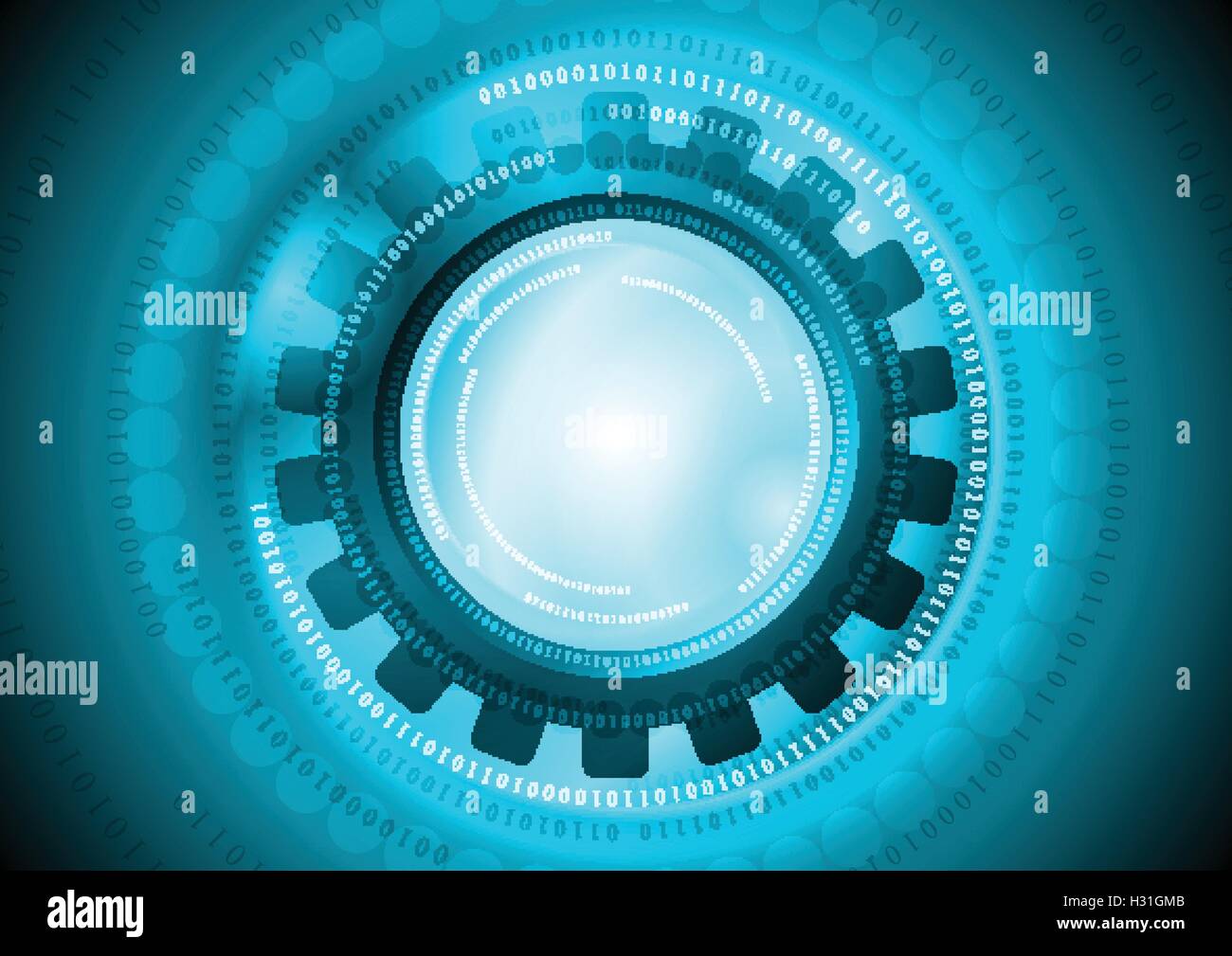 Cyan gear and binary code tech background. Vector blue technology design, cogwheel mechanism ...